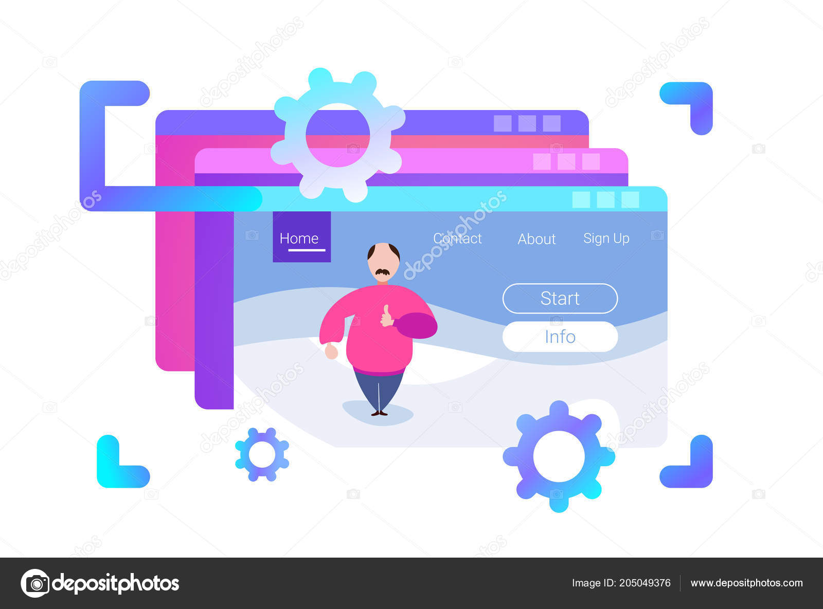 Browser windows interface man silhouette standing pose thumb up ...