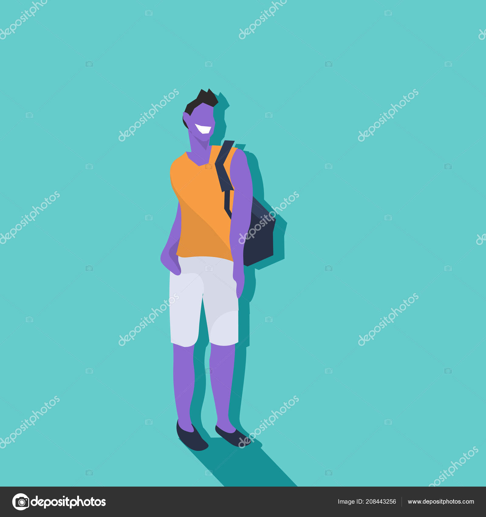 Violet man holding backpack standing pose male cartoon character full ...