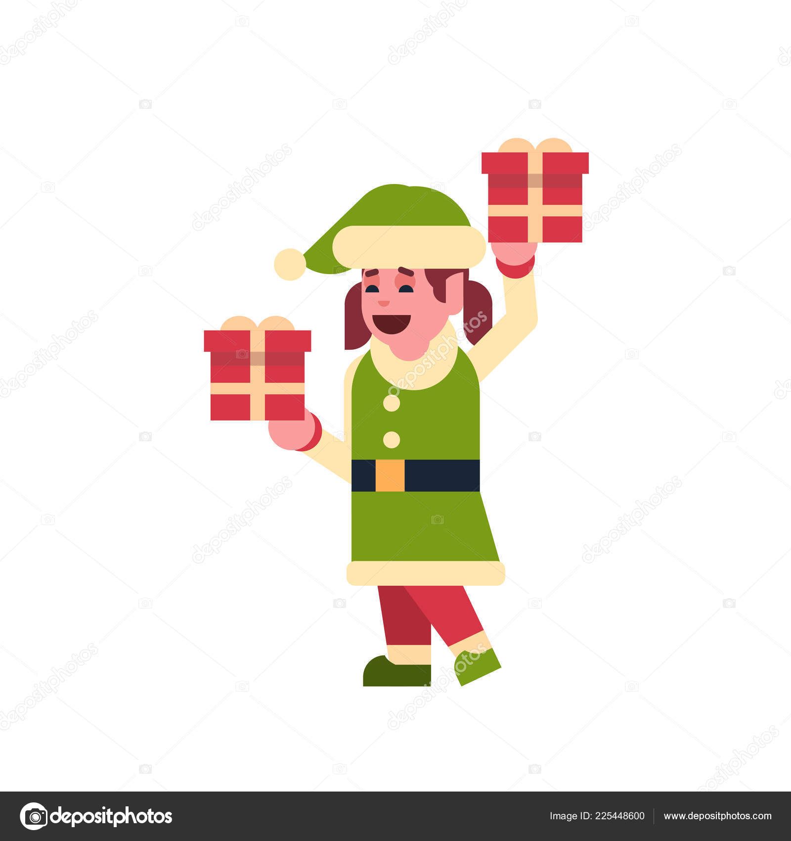 Girl elf santa claus helper hold gift box present merry christmas ...