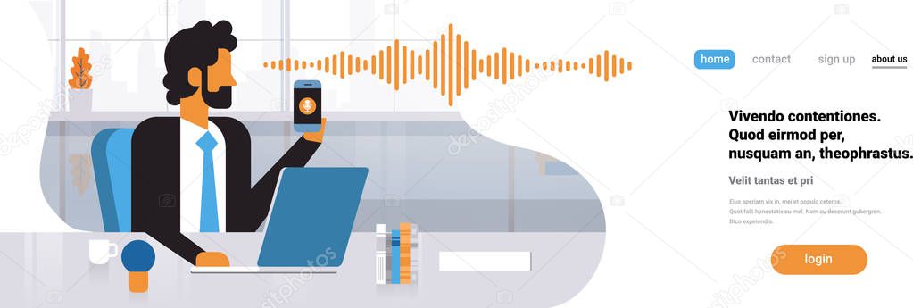 business man hold phone intelligent voice personal assistant ... business man hold phone intelligent voice personal assistant ...