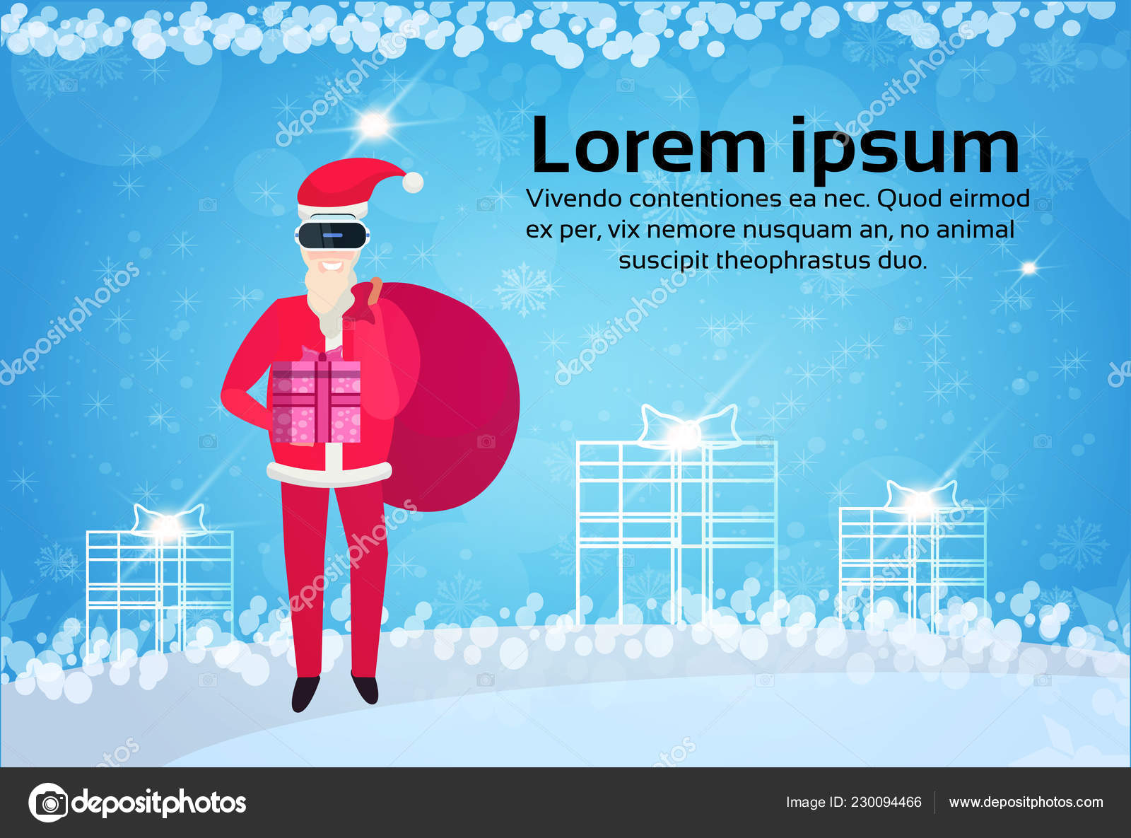 Santa claus wear digital virtual reality glasses hold present box sack ...