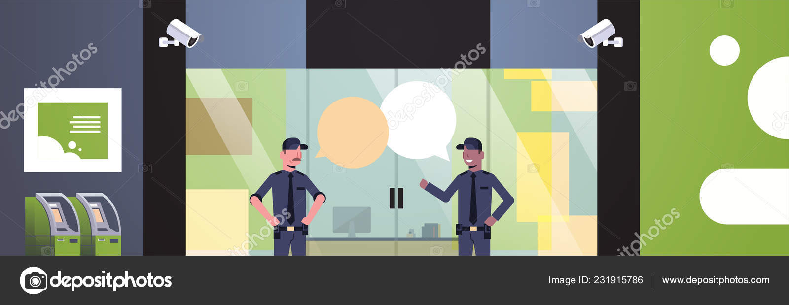 Security guard men chat bubble communication at entrance door business ...