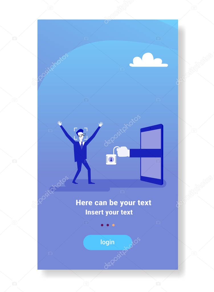 Business man getting access face identification scanning modern ...