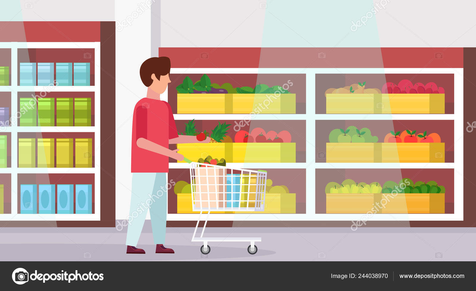 Man carrying full trolley cart of food purchases big grocery shop ...