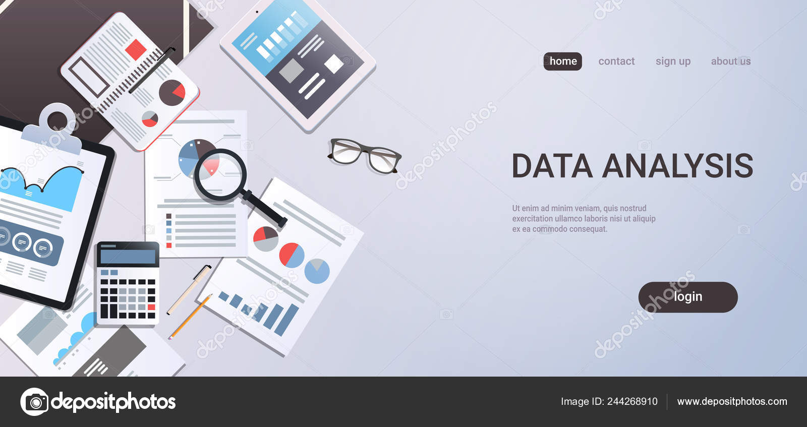 Data analysis concept workplace desk with office stuff top angle view ...