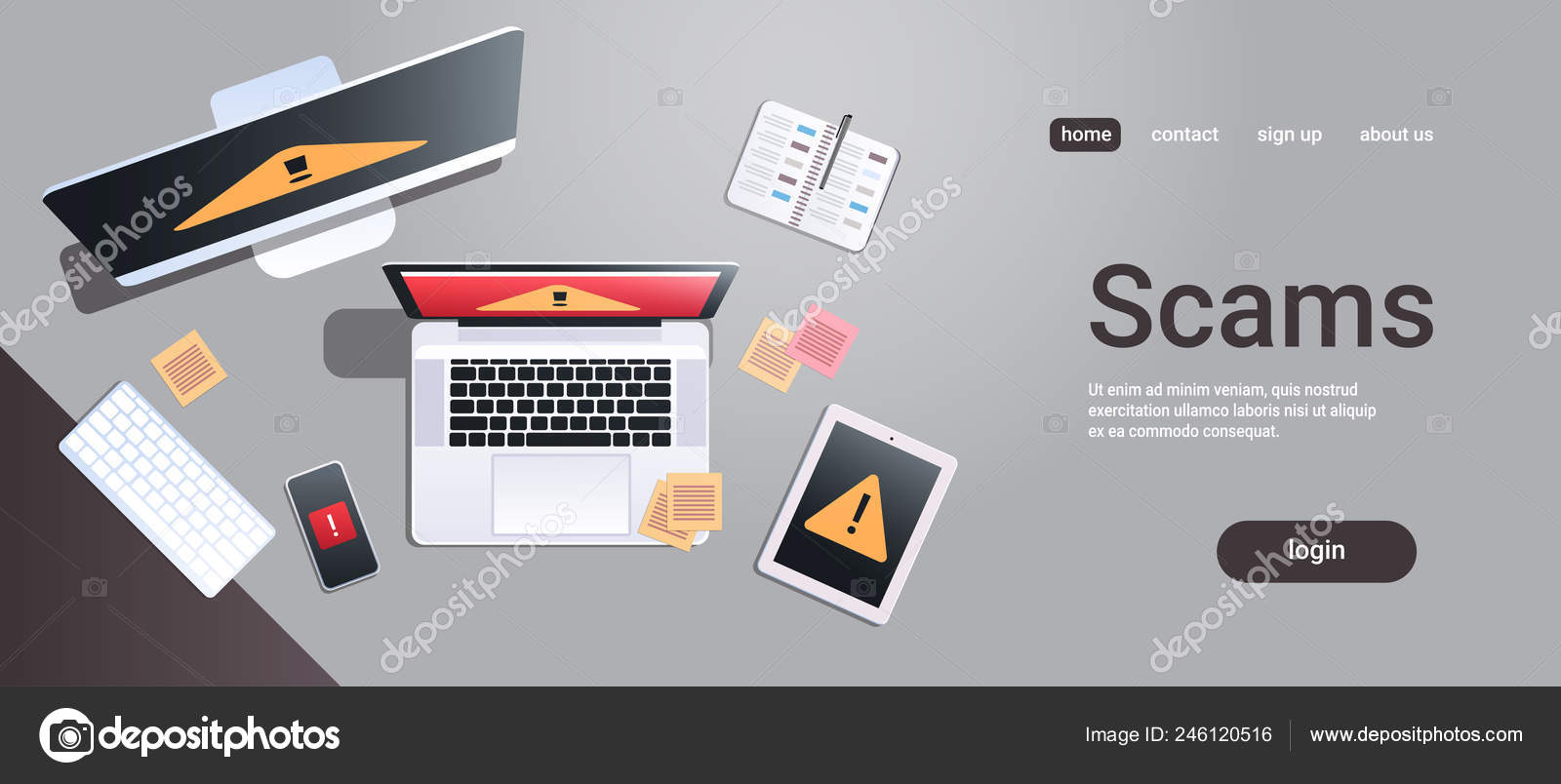 Scam alert internet fraud hacking scams concept top angle view desktop ...
