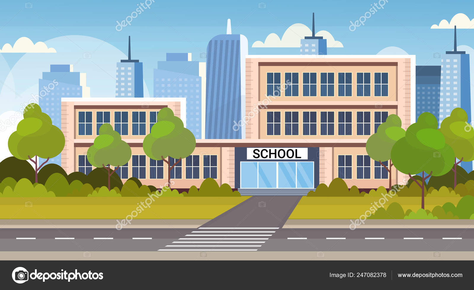 School building exterior road crosswalk back to school concept ...