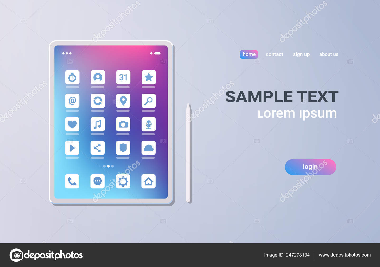 Realistic tablet pc mobile application icons ui colorful screen on gray ...