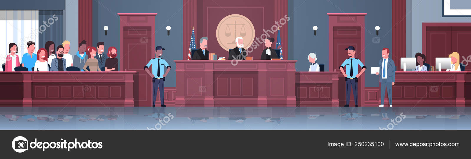 Law process with judge jury suspect and police officers lawyer or ...