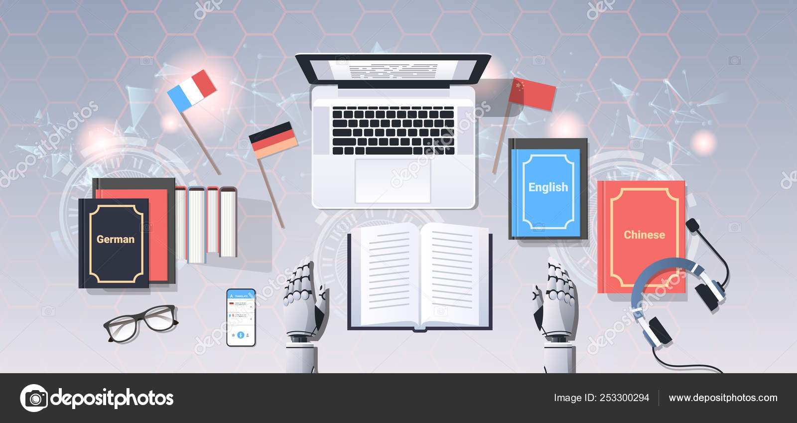 Translate bot at workplace modern robot translating text document ...