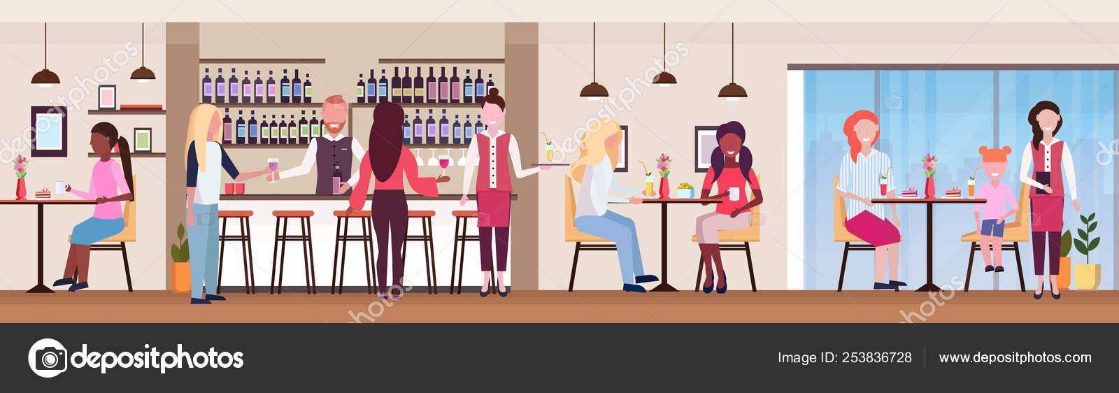 Guests at bar counter and tables drinking alcohol bartender and ...