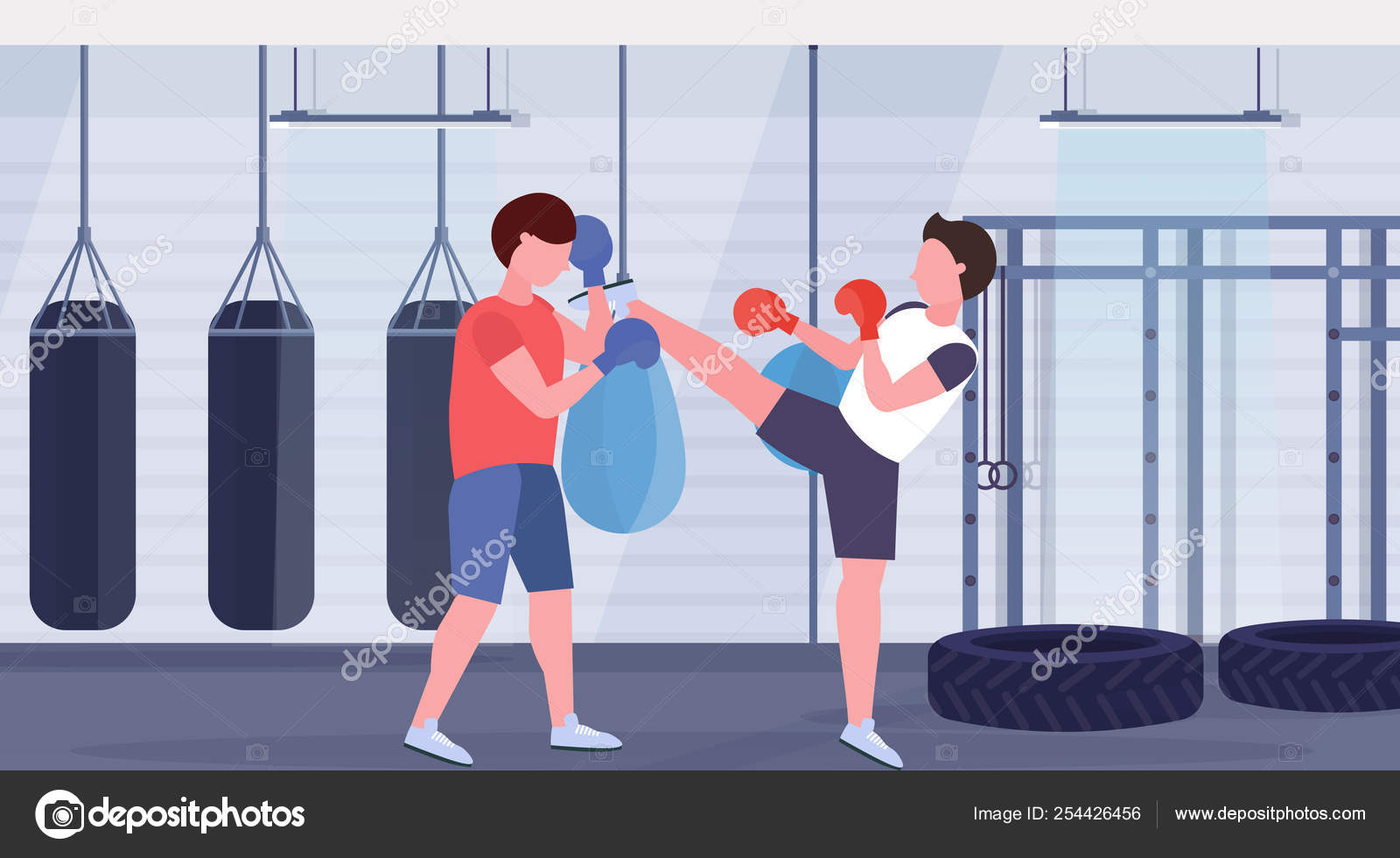 Two boxers training kick boxing exercises fighters in gloves practicing ...