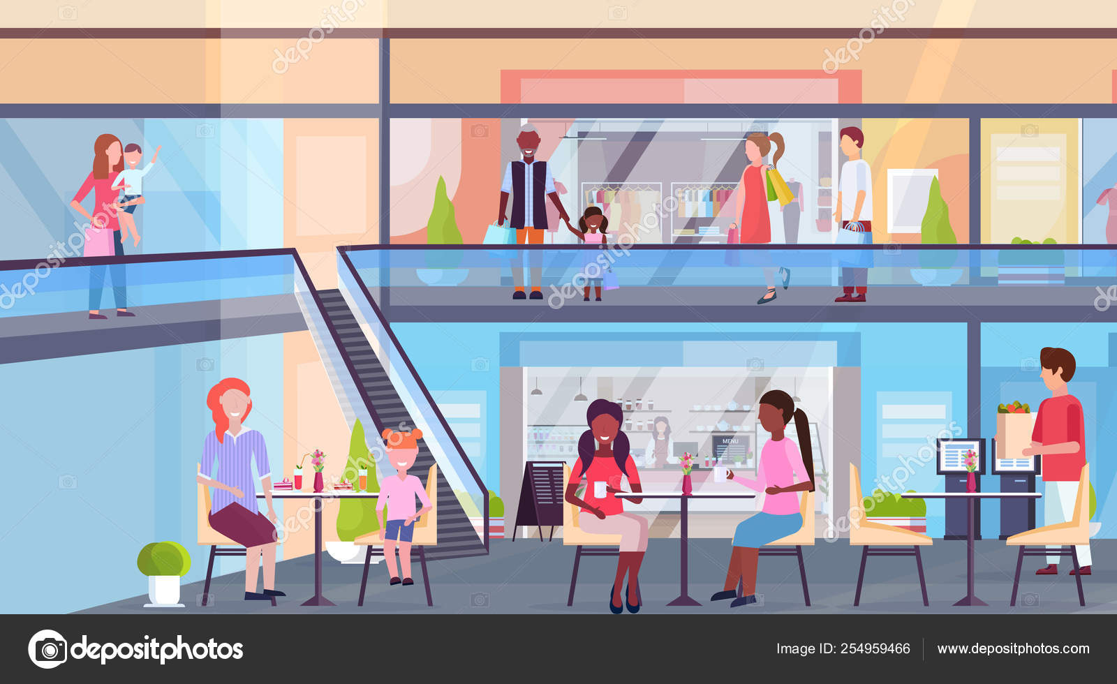 Visitantes caminando moderno centro comercial con boutiques de ropa y ...