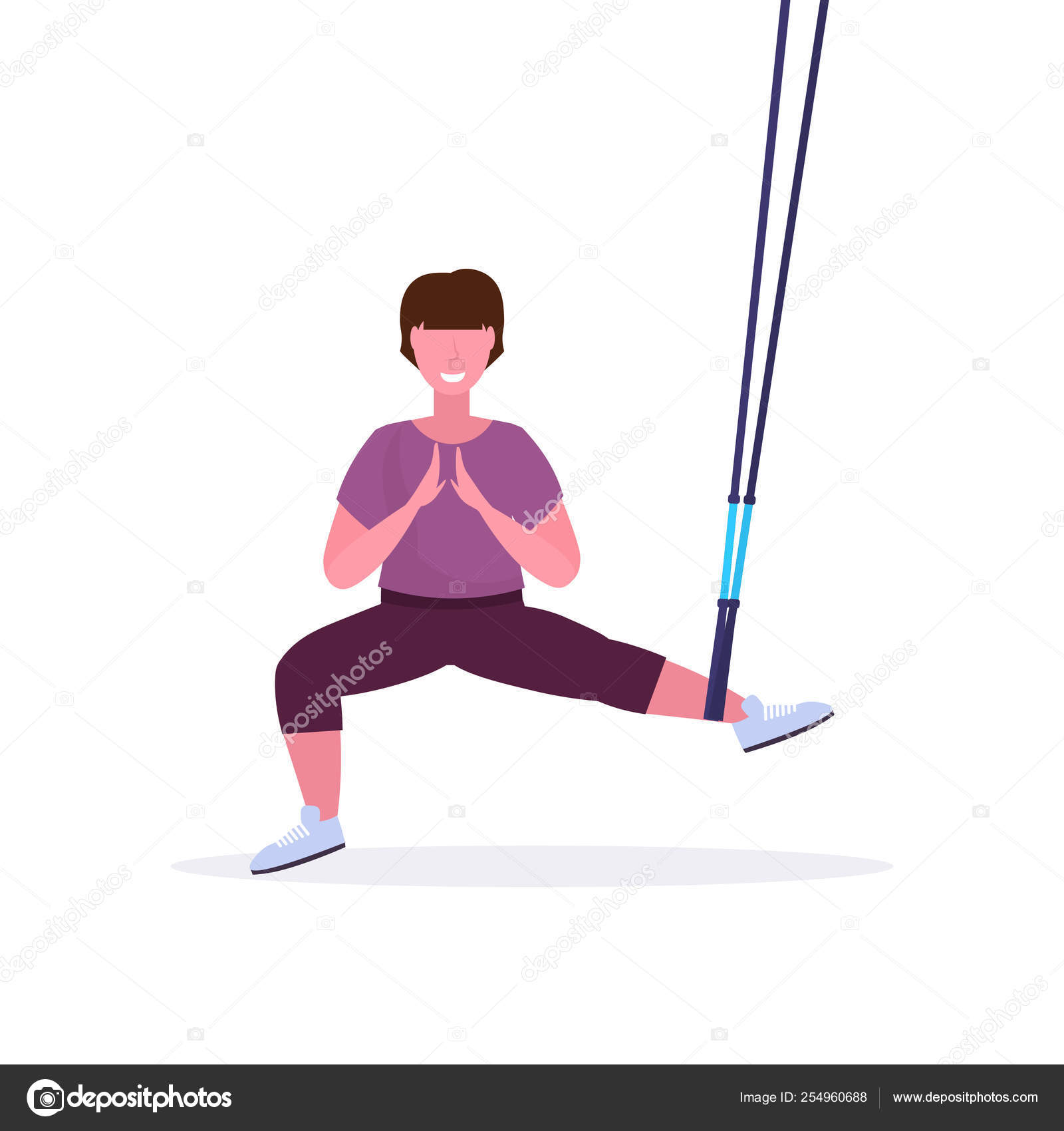 Sporty woman doing squats exercises with suspension fitness straps ...