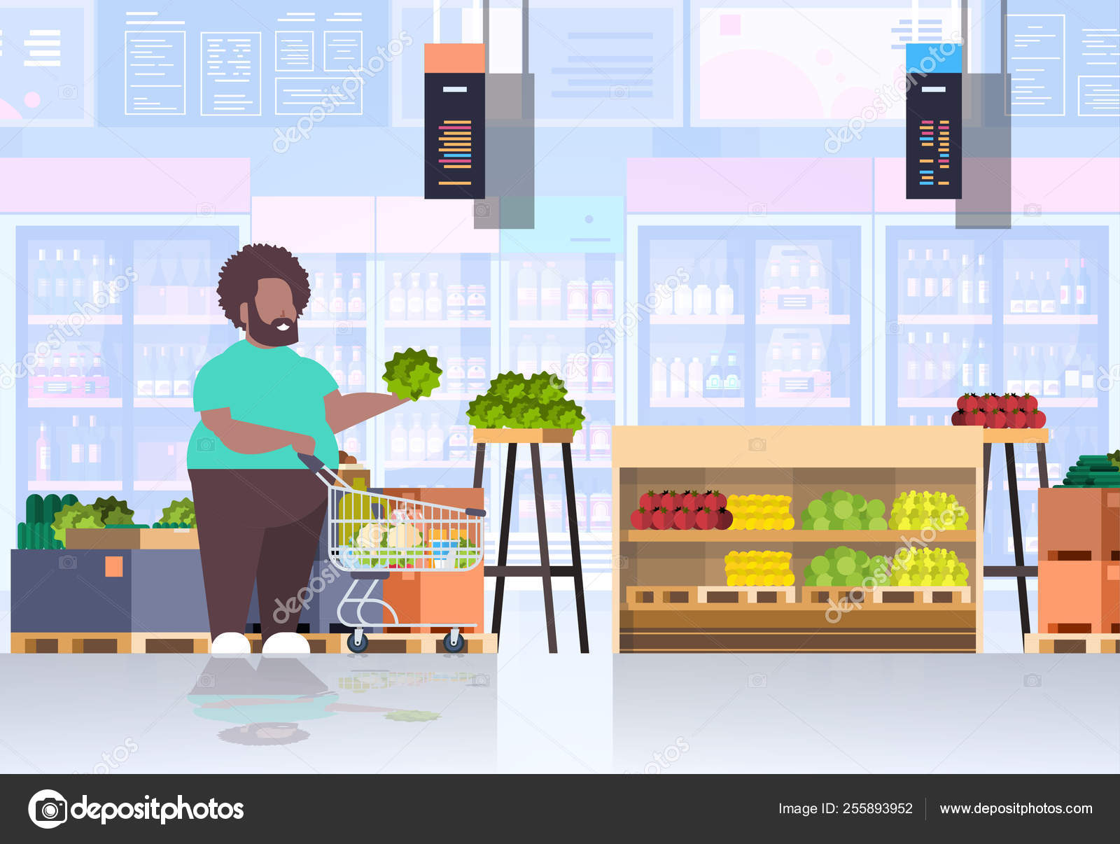 Fat obese man with shopping trolley cart choosing vegetables and fruits ...