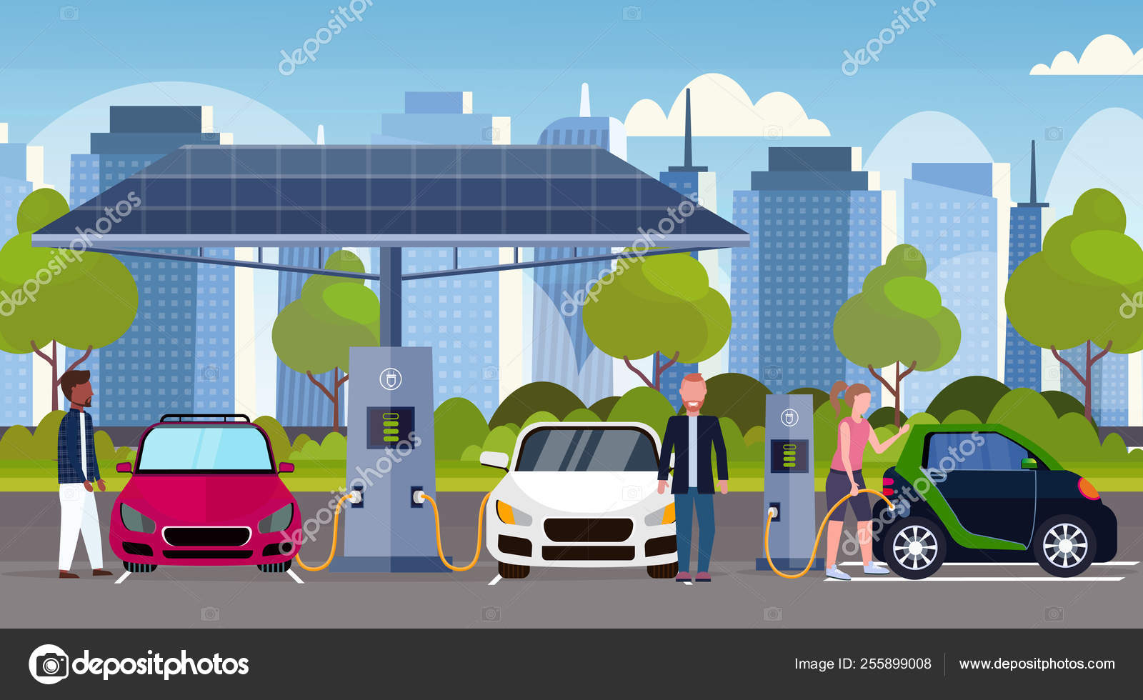 Mix race people charging electric cars at electrical charge station ...