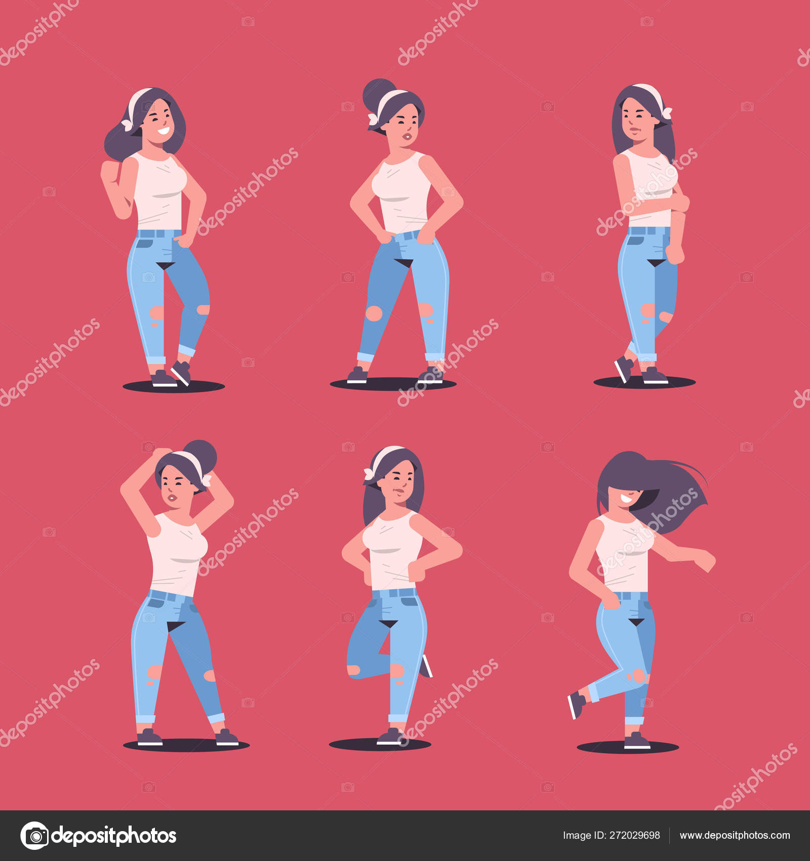 Set young women group in casual clothes standing different poses ...