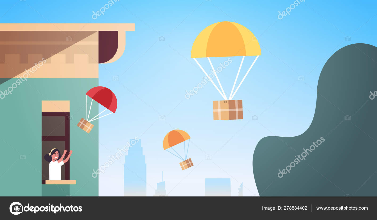 Woman in window catching parcel box falling down with parachute from ...