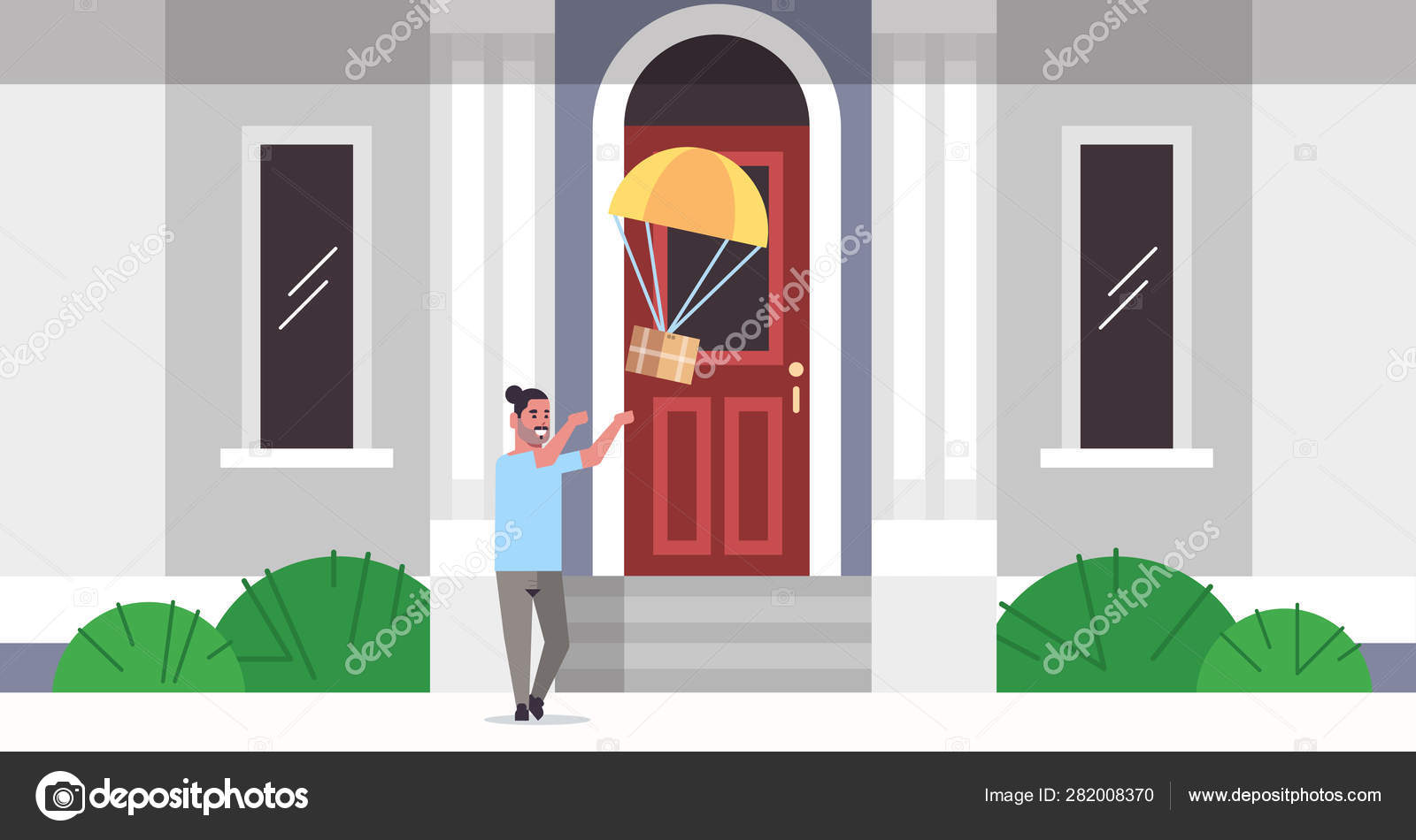 Man catching parcel box falling down with parachute from sky ...