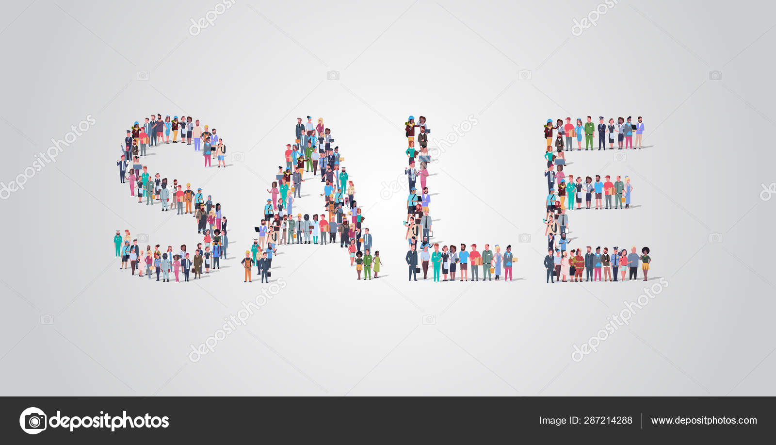 People crowd gathering in shape of sale word different occupation ...