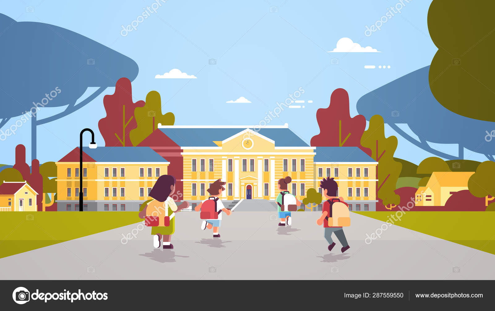 Rear view children group with backpacks running back to school ...