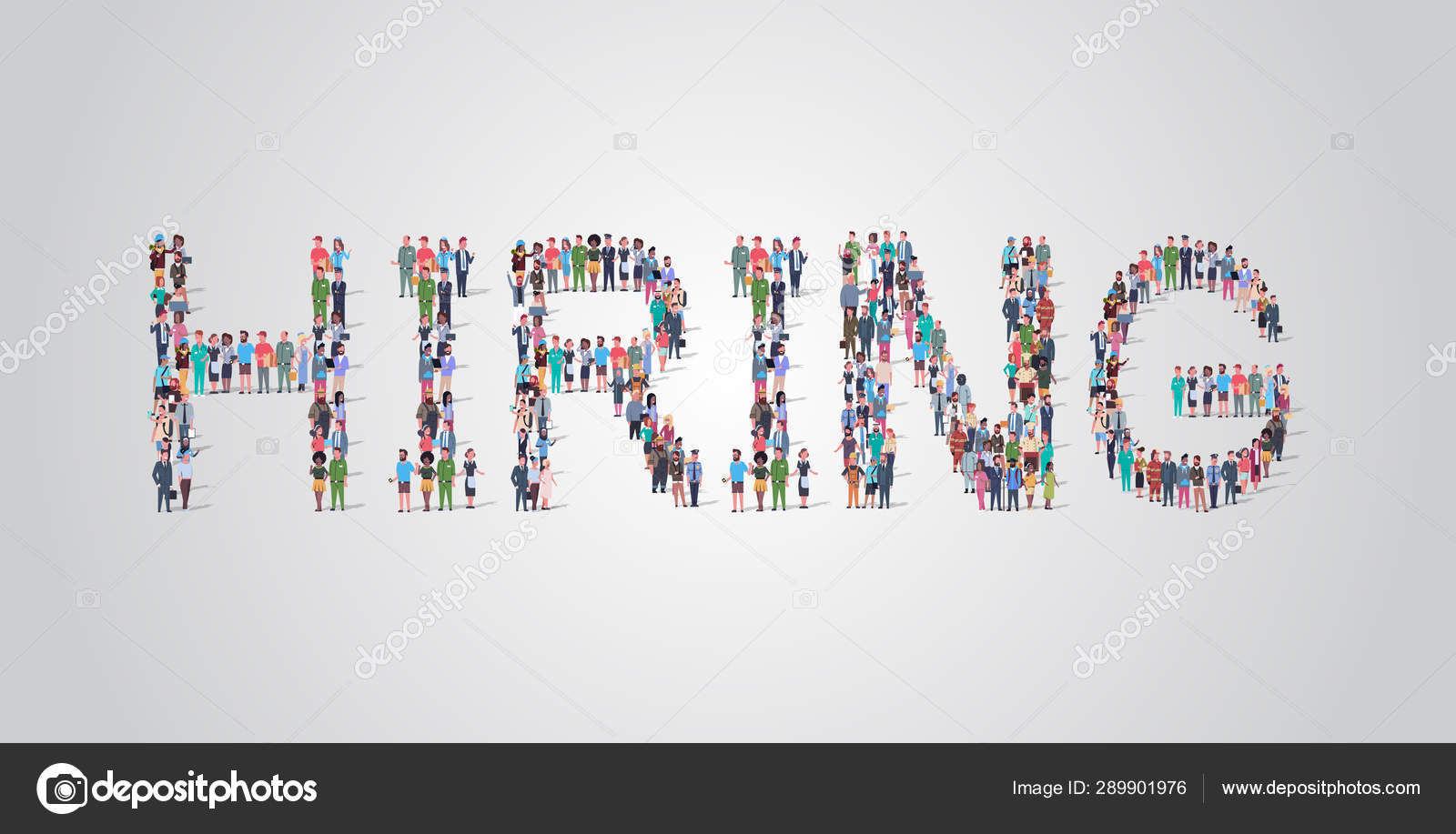 People crowd gathering in shape of hiring word different occupation ...
