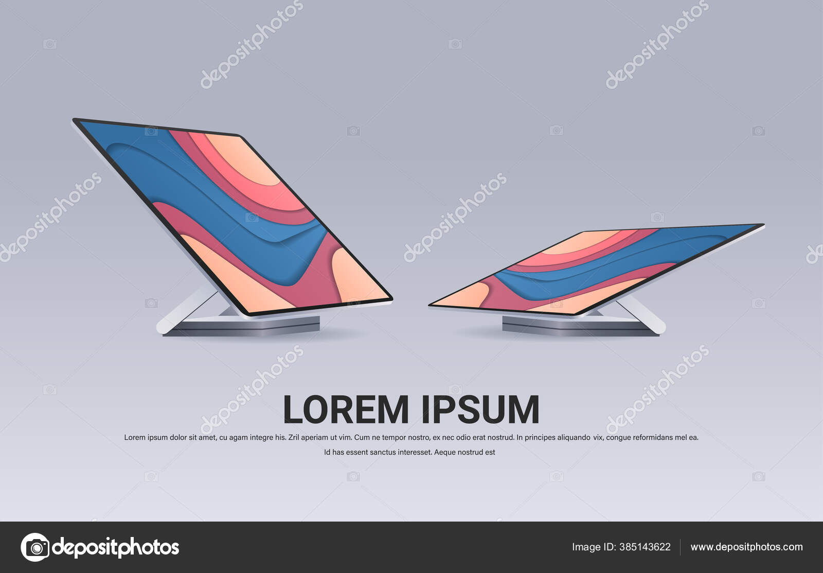 Modern computer monitor with colored screen realistic mockup gadgets ...