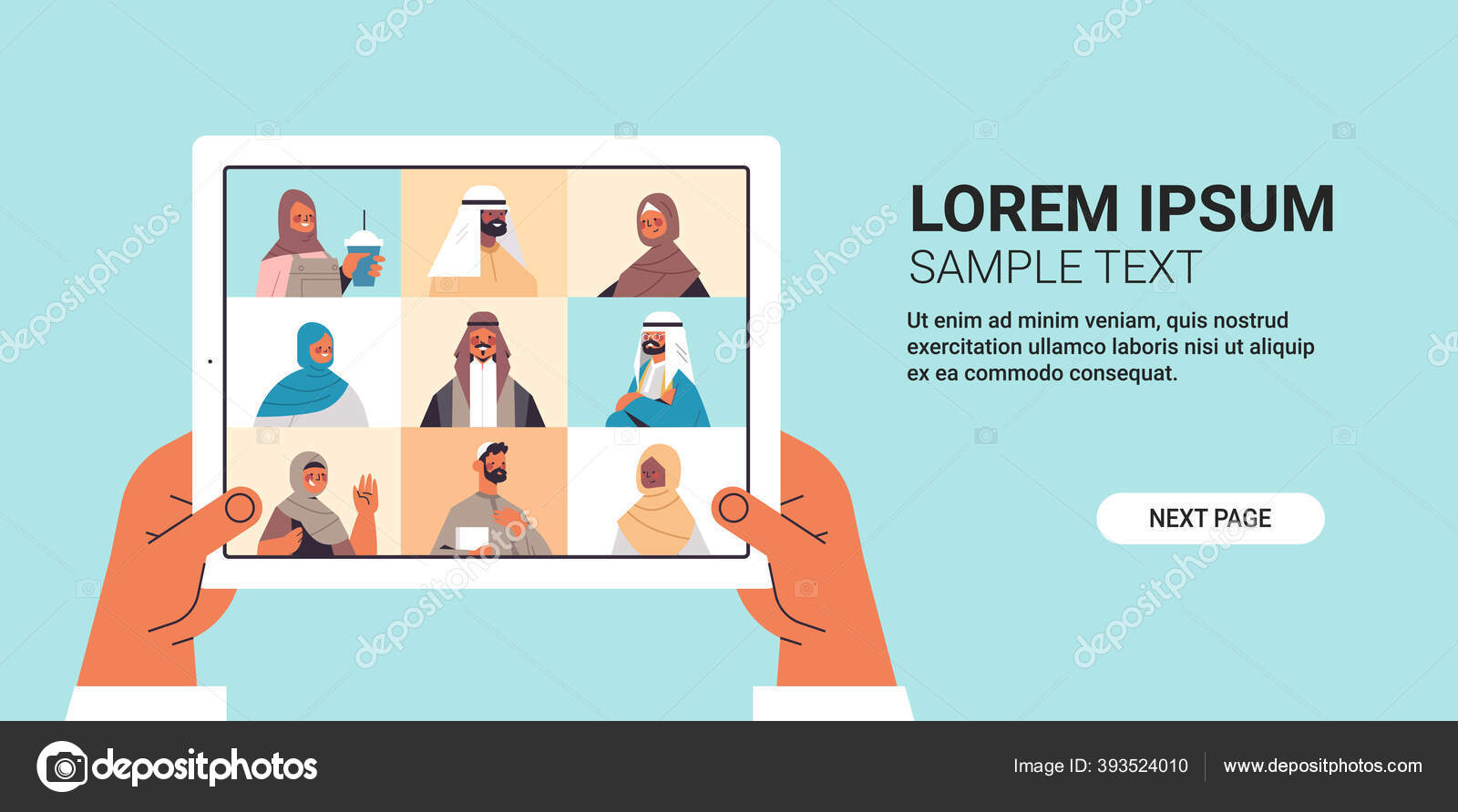 Hands holding tablet pc chatting with arabic friends during video call ...