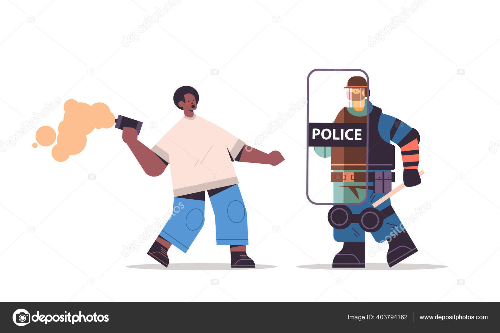 Riot police officer attacking protester with smoke bomb during clashes ...