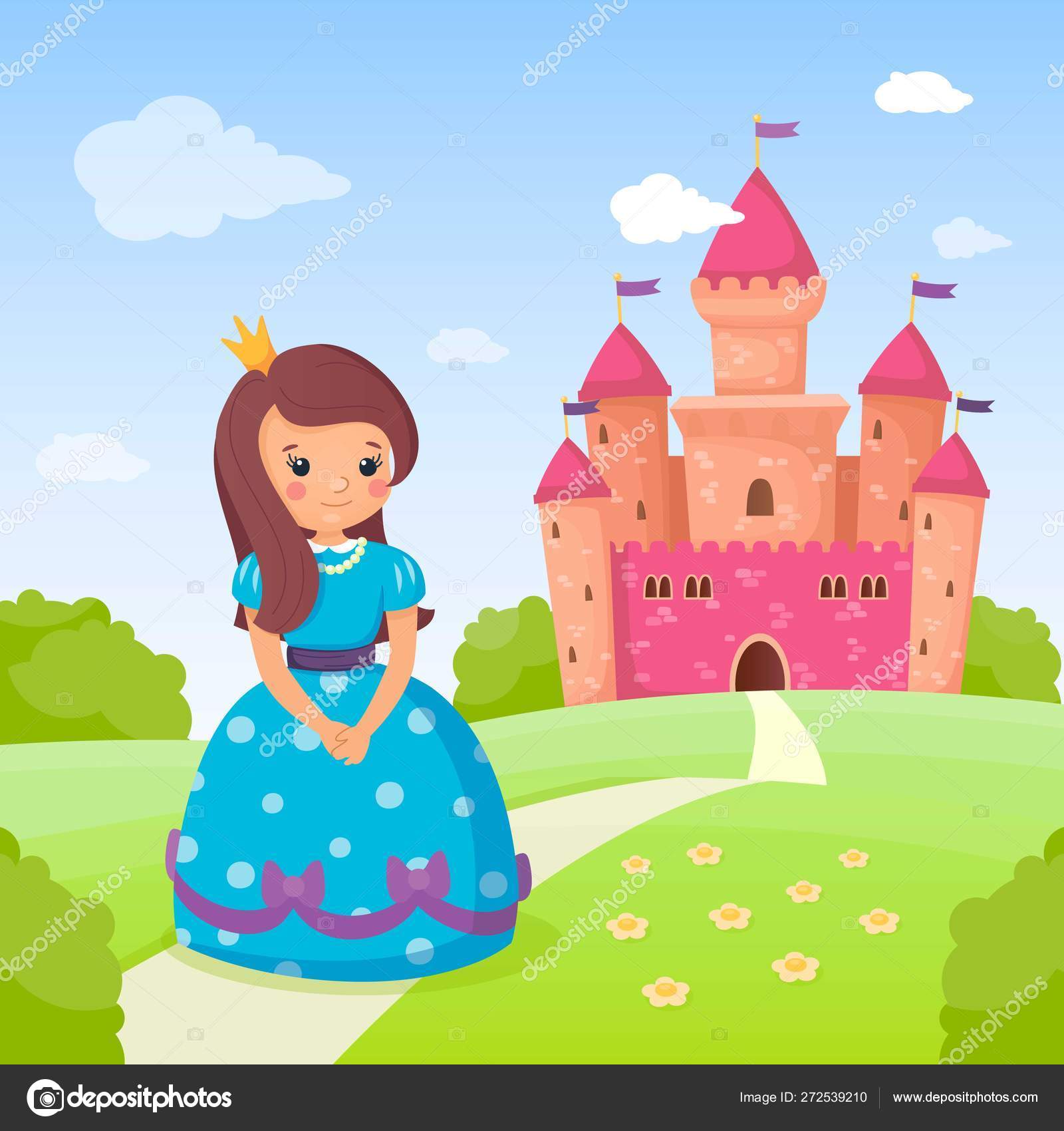 Princesa cuento de hadas en azul hermoso vestido y su lindo castillo ...