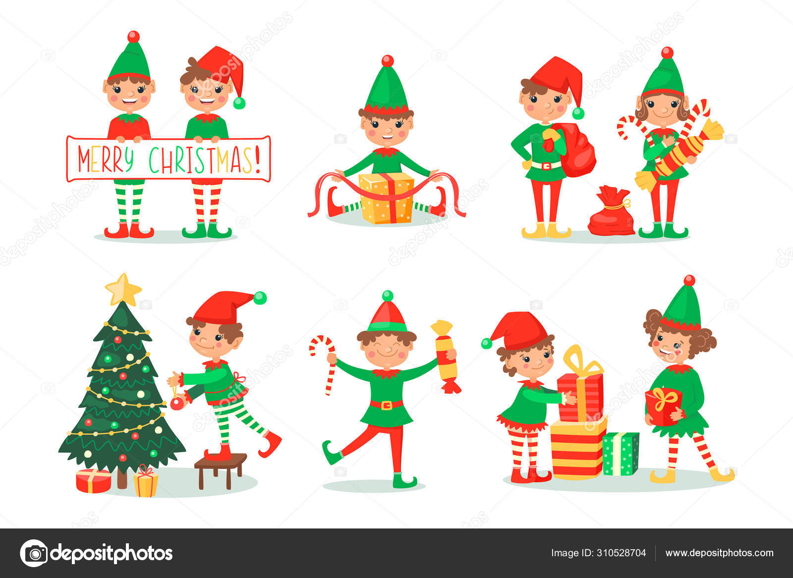 Smiling elves packing gifts. Decorating Christmas tree for celebration ...