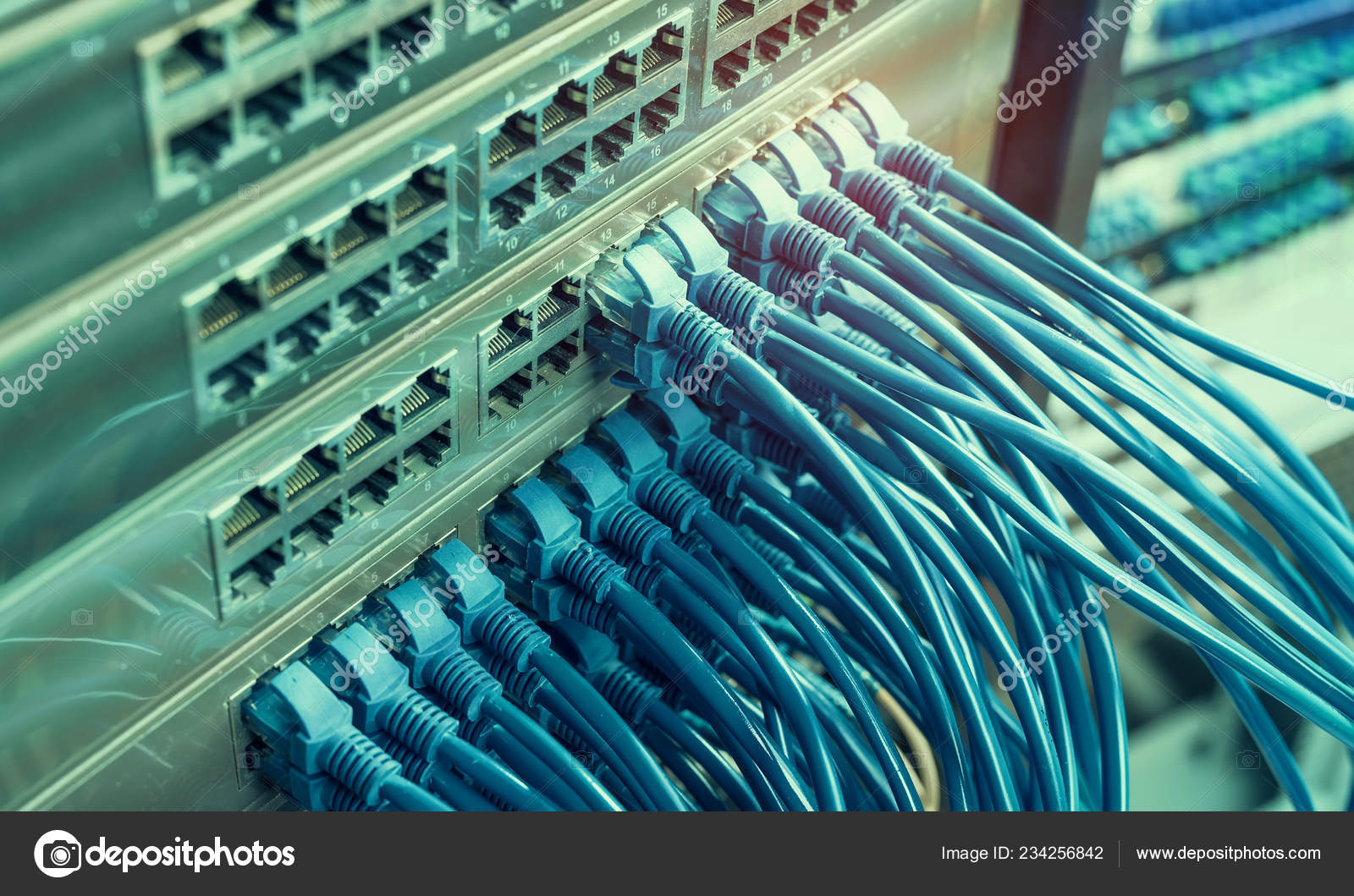 Network Cables Hub Closeup Fiber Optical Background Stock Photo by ...