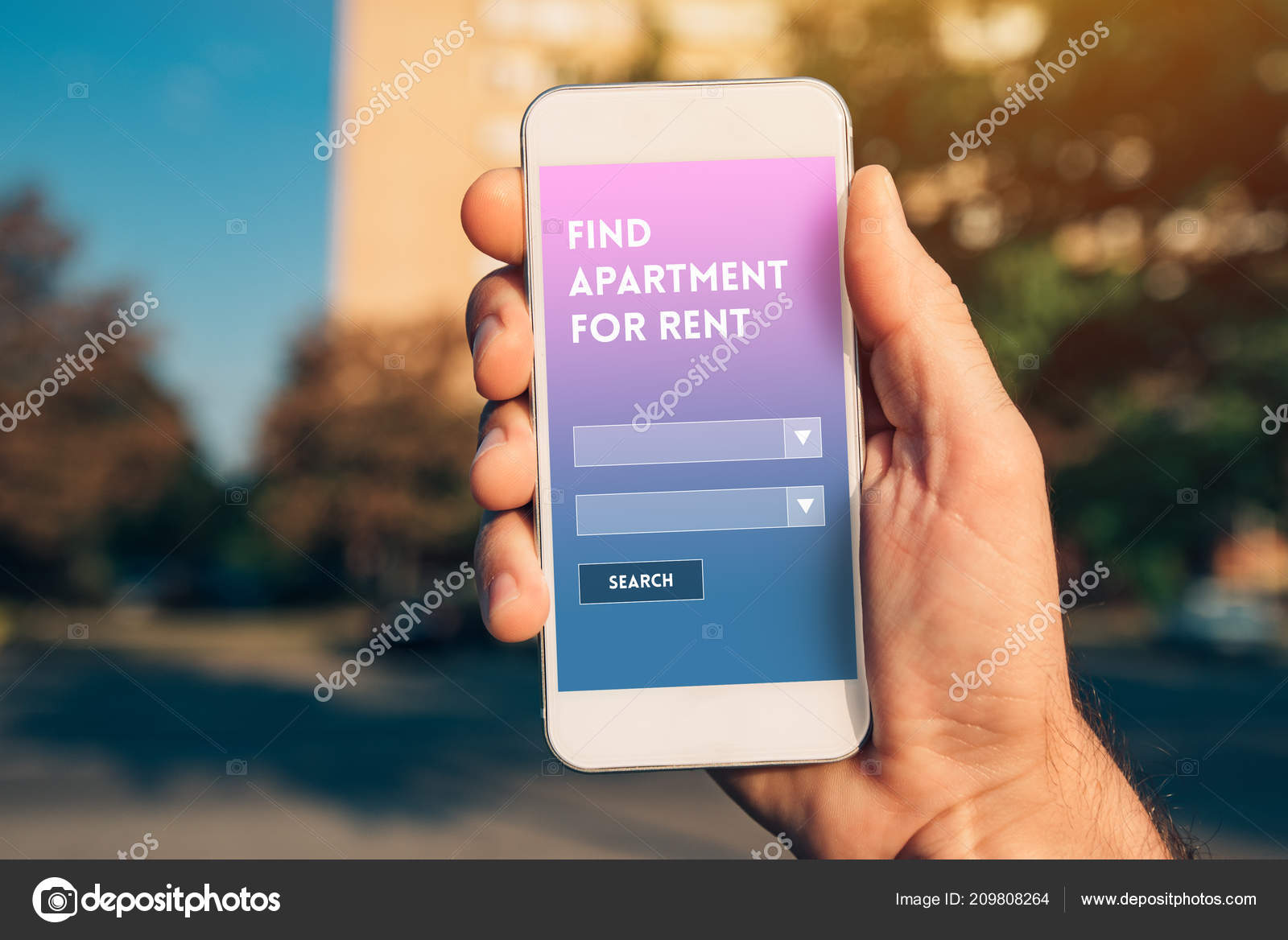 Apartment Renting App Smartphone Mock Screen Male Hand — Stock Photo ...