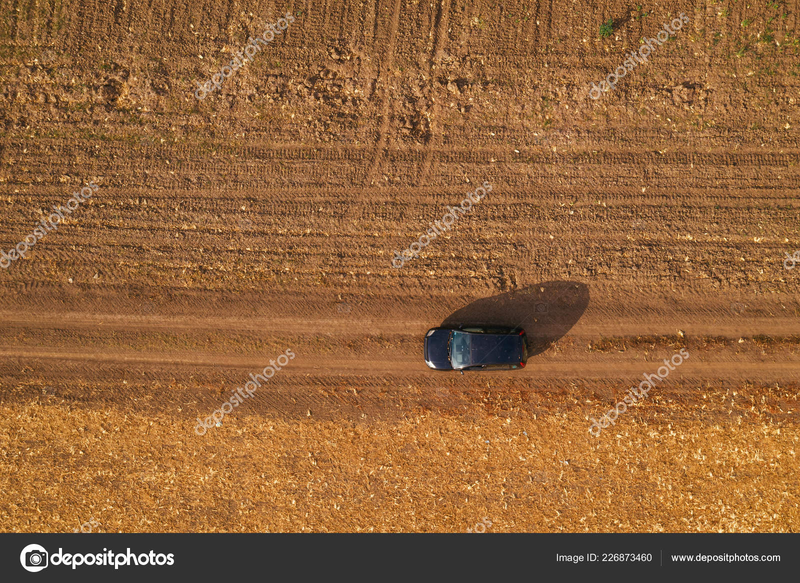 Aerial View Black Car Dirt Road Countryside Top View Road — Stock Photo ...