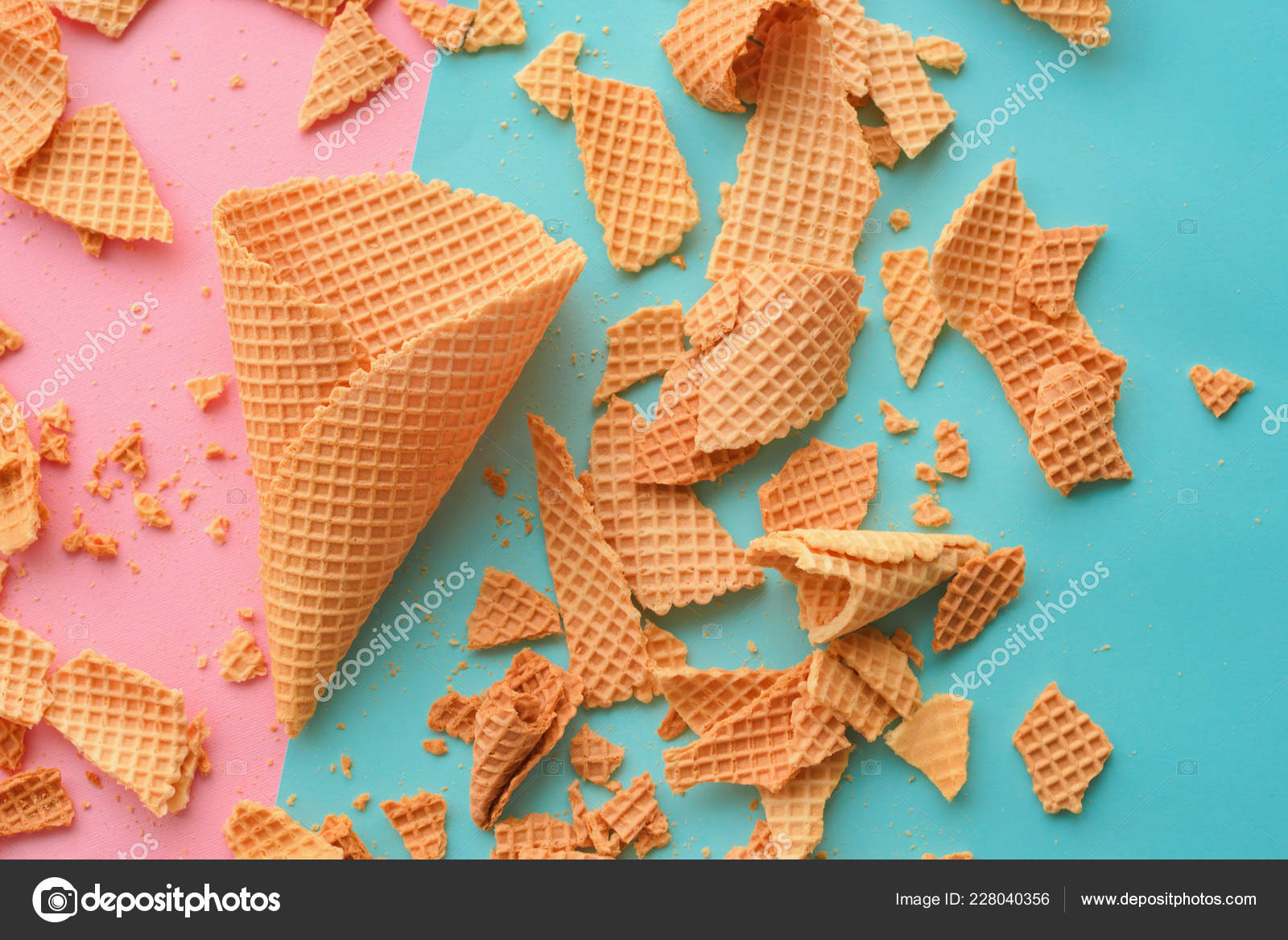 Ice Cream Waffle Cones Pastel Pink Blue Background Top View — Stock ...