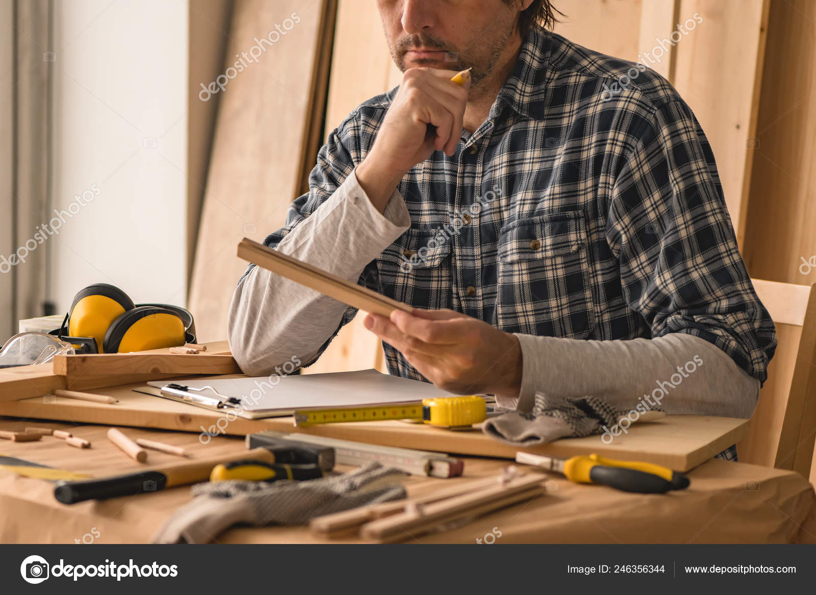 Carpenter Planning Diy Project His Small Business Woodwork Workshop ...
