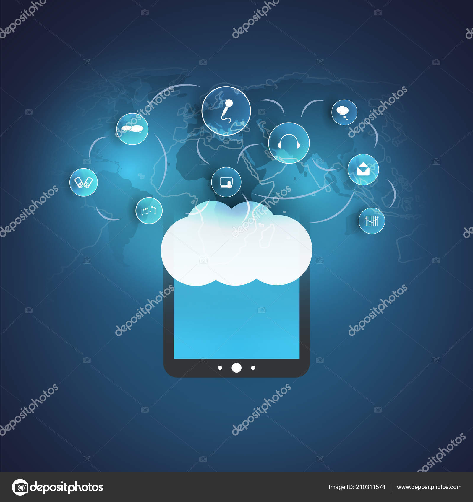 Cloud Computing Design Concept with Tablet PC, World Map and Icons ...