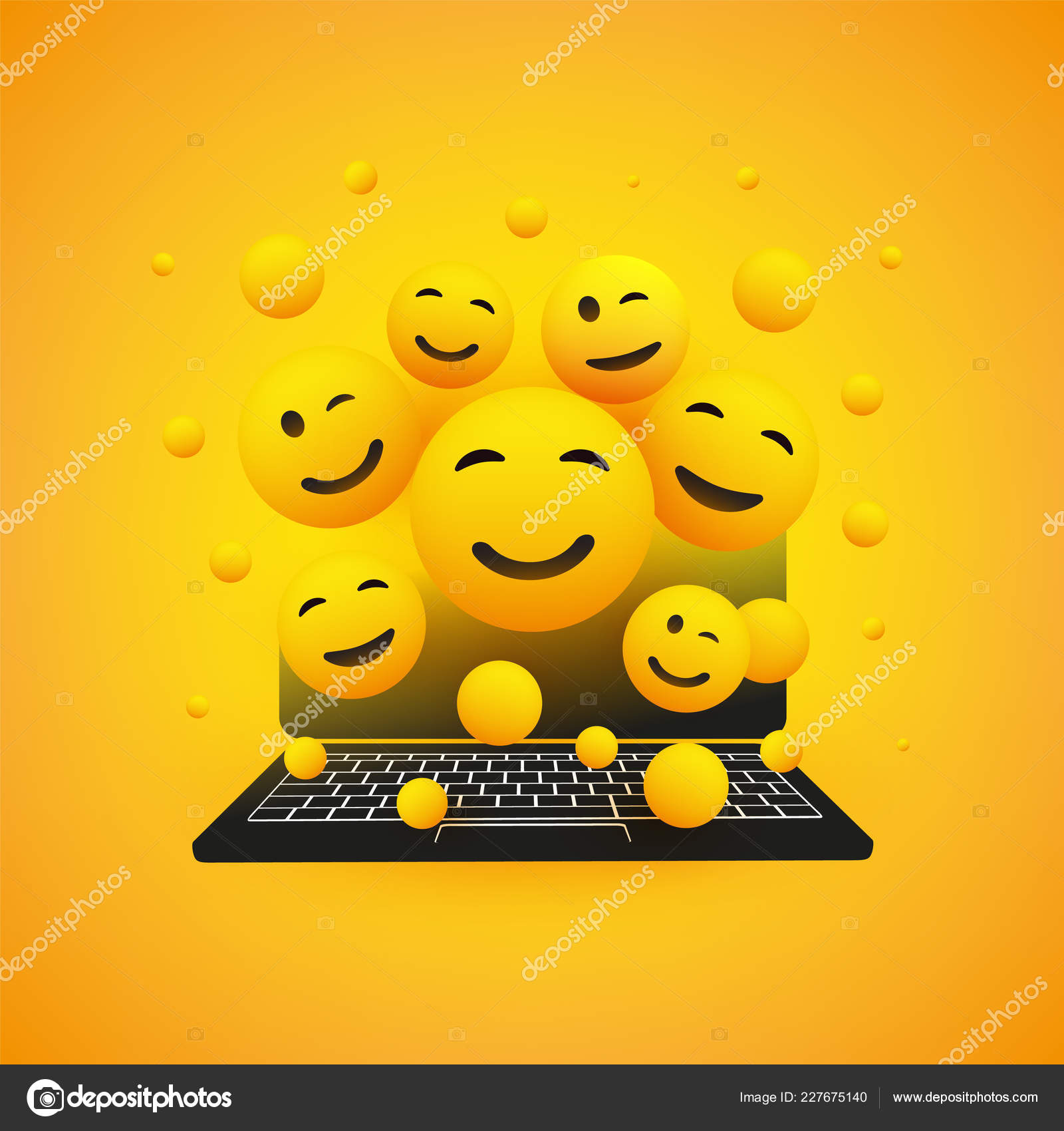 Various Smiling Happy Yellow Emoticons Front Laptop Computer's Screen ...