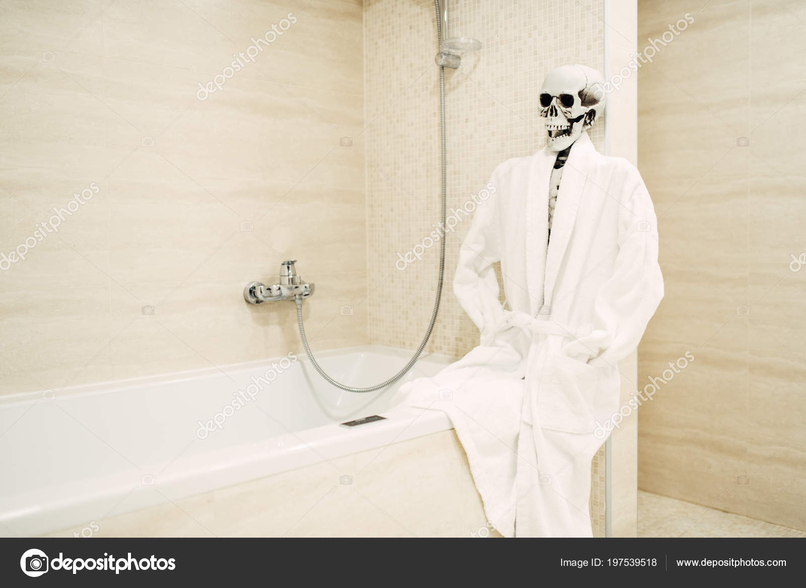 Human Skeleton White Bathrobe Sitting Edge Bath Bathroom Stock Photo by ...