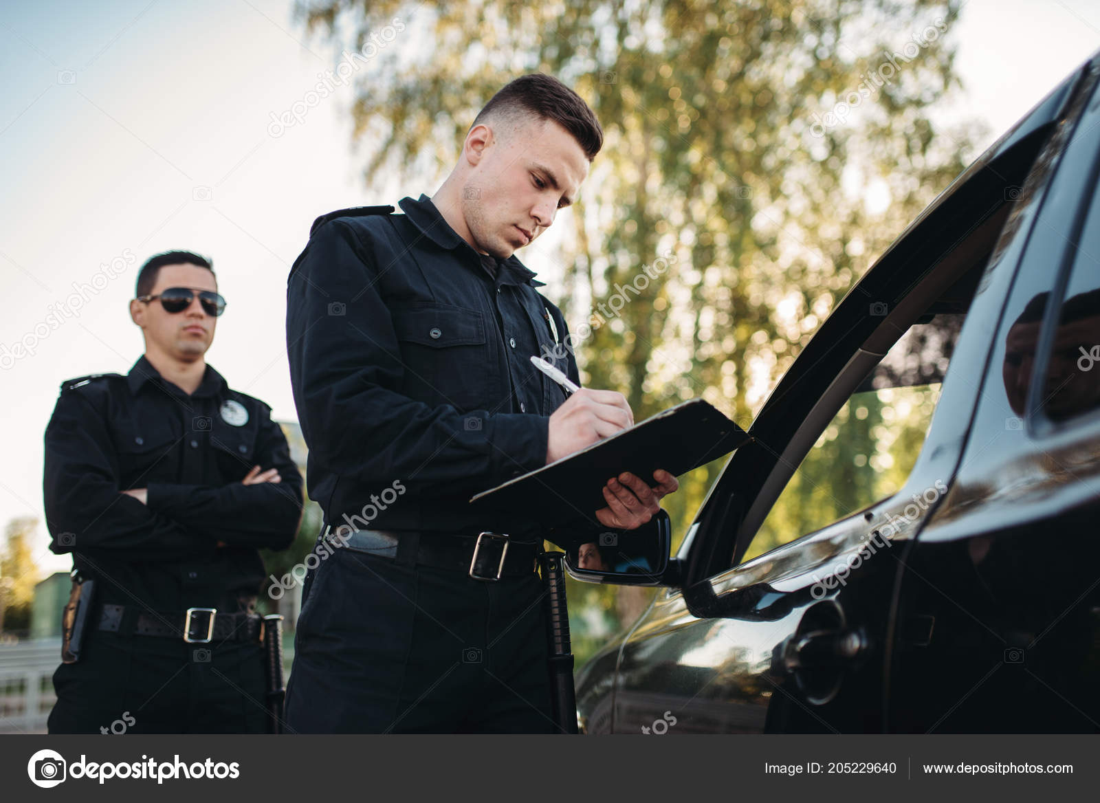 Male Police Officers Uniform Check Vehicle Road Law Protection Car ...