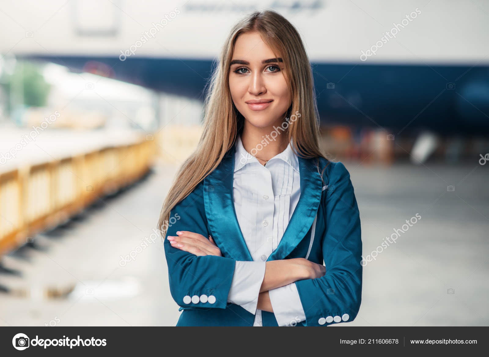 Attractive Stewardess Uniform Poses Airport Building Air Hostess Suit ...
