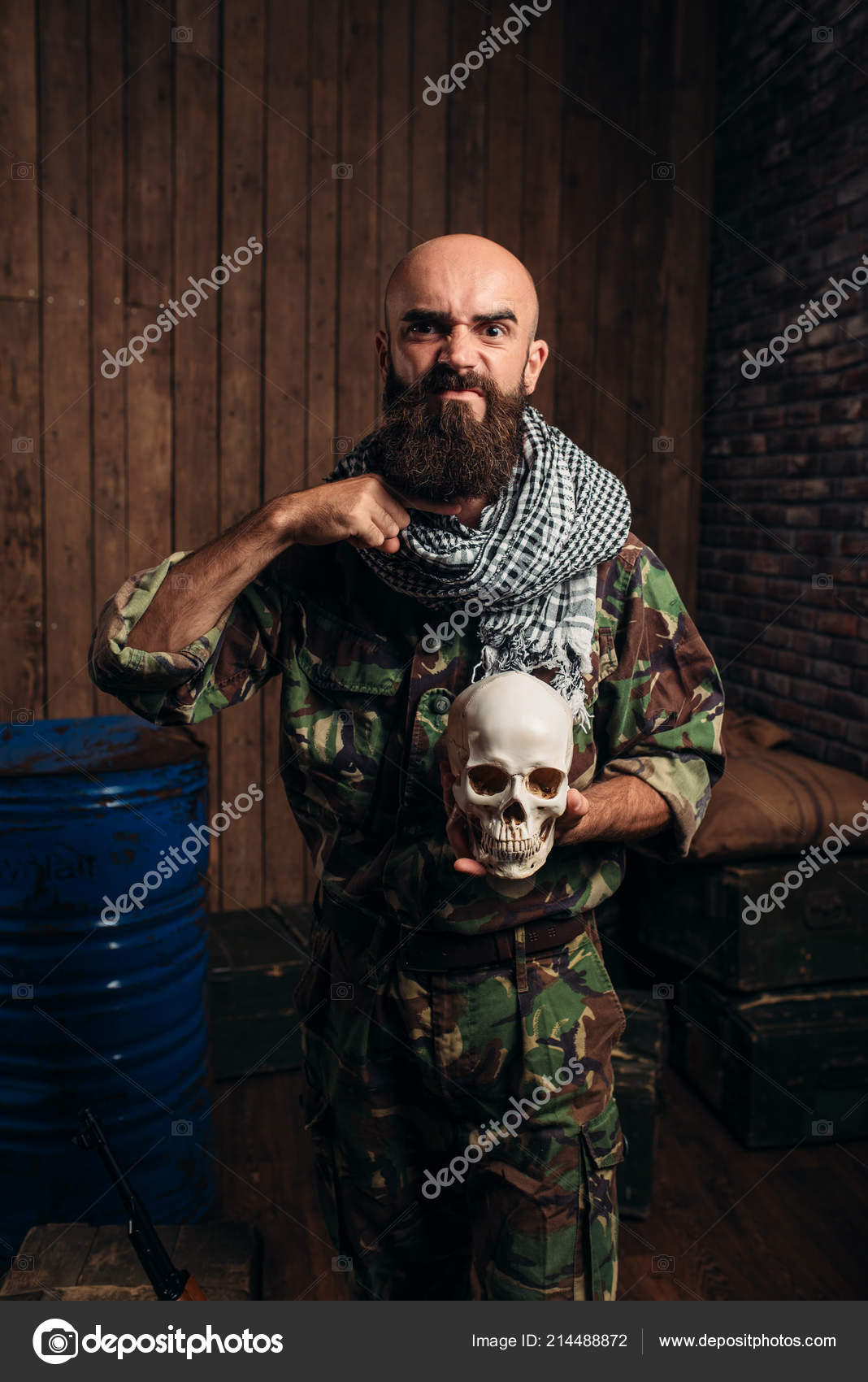 Terrorist Uniform Holds Human Skull Hands Male Mojahed Terrorism Terror ...