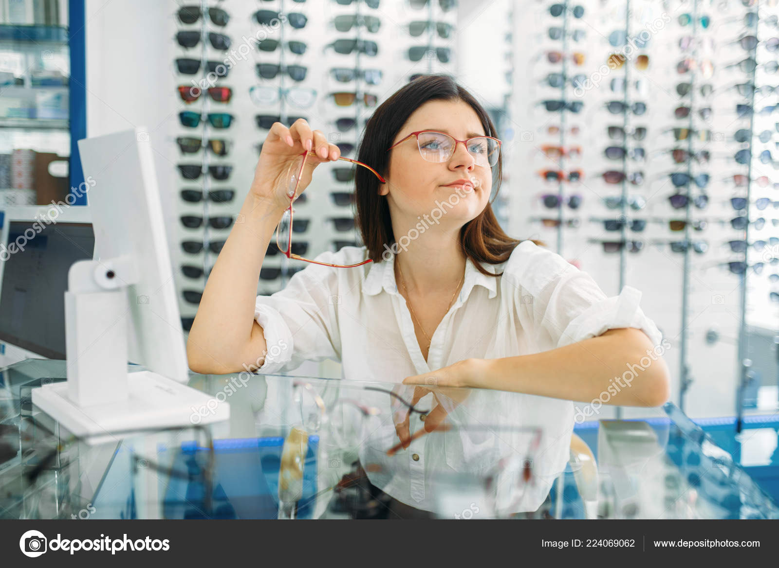 Female Optician Consumer Chooses Glasses Frame Optics Store Selection ...