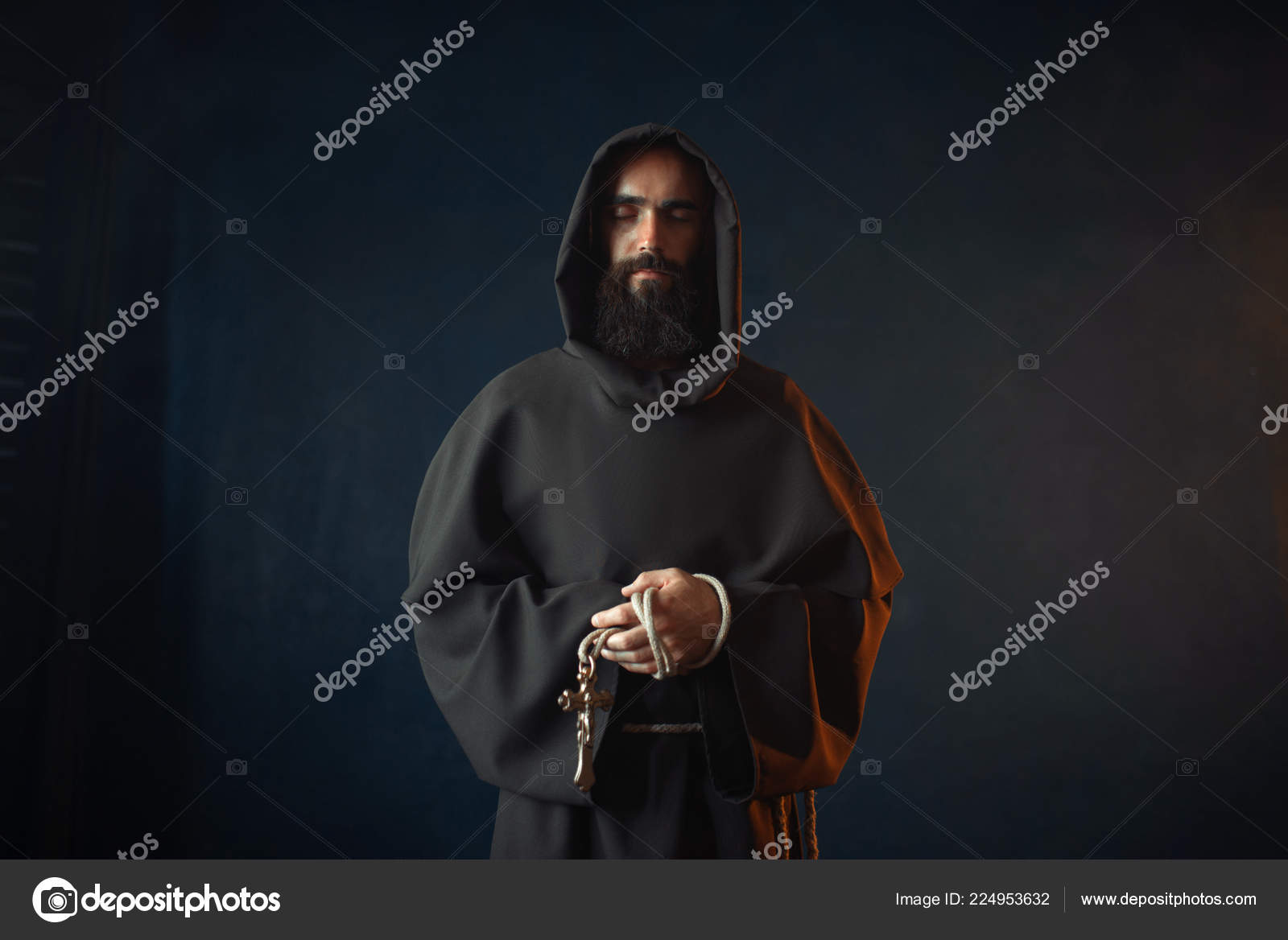 Medieval Monk Holds Wooden Cross Hands Praying Religion Mysterious ...