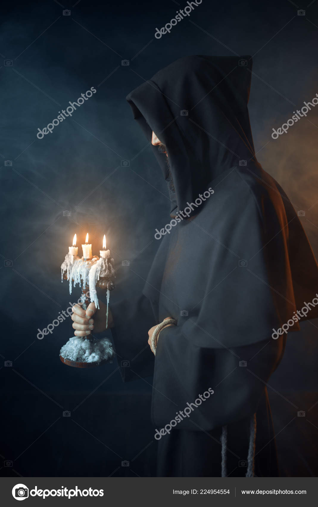 Medieval Monk Robe Holds Candlestick Hands Black Background Secret ...