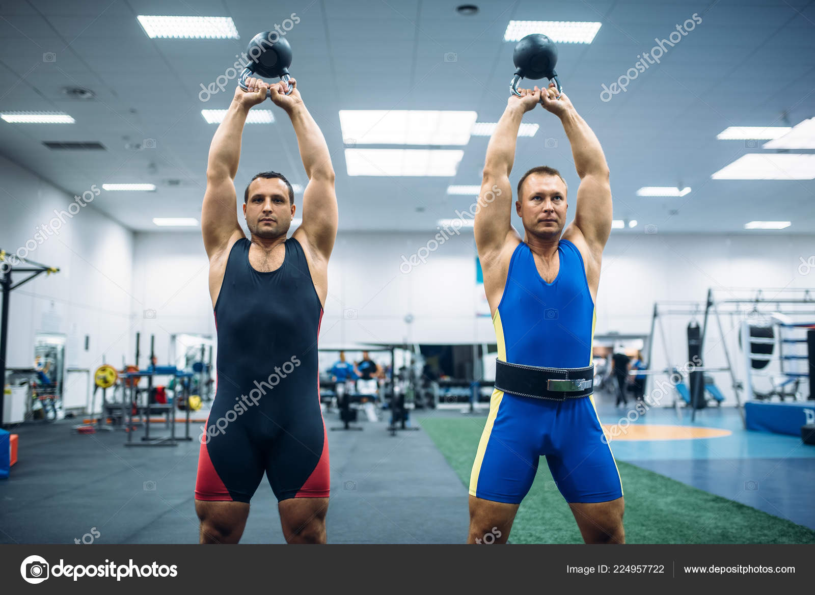 Two Male Lifters Lifted Kettlebells Thier Heads Lifting Training Gym ...