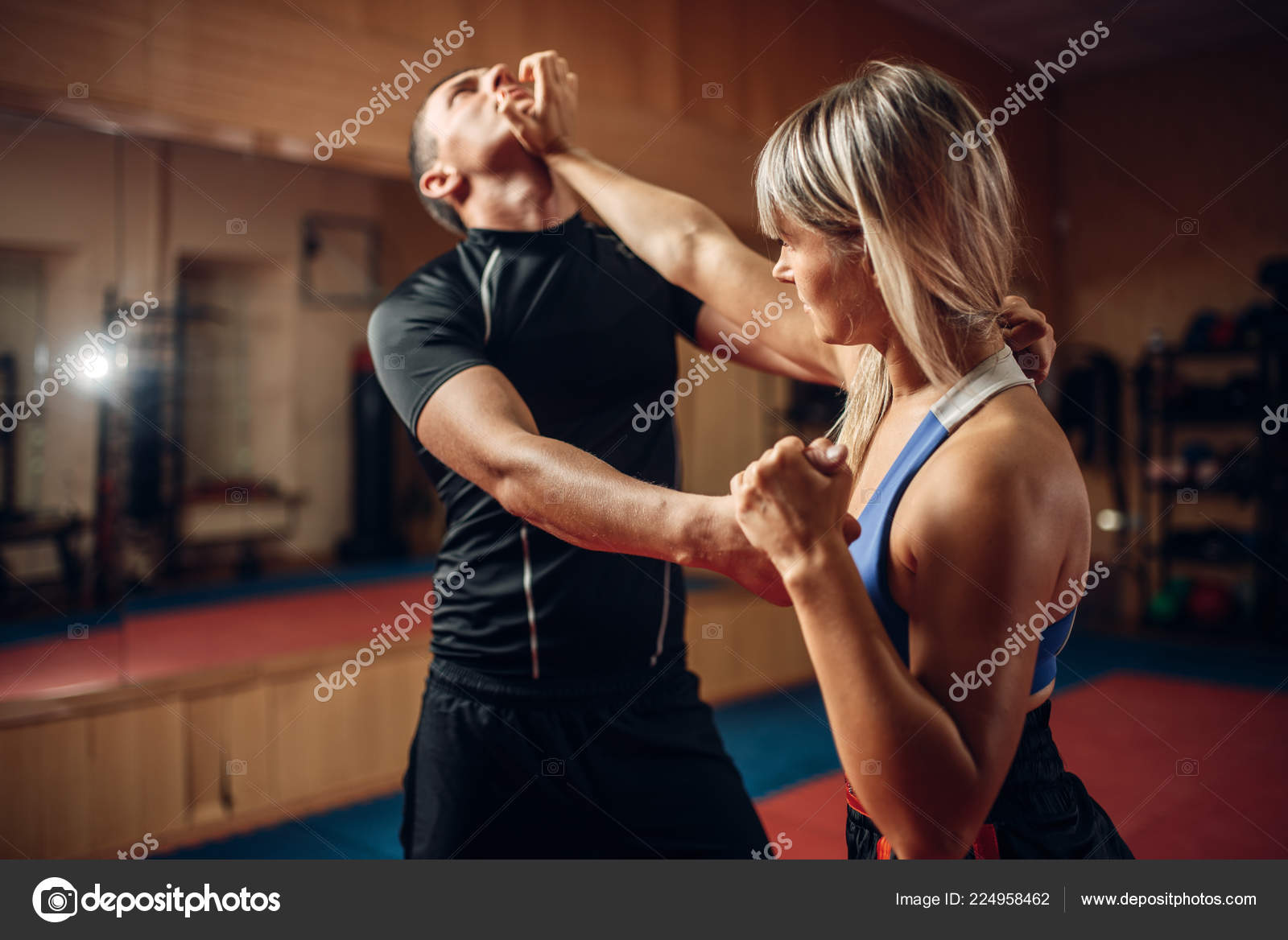 Female Person Self Defense Workout Male Personal Trainer Gym Interior ...