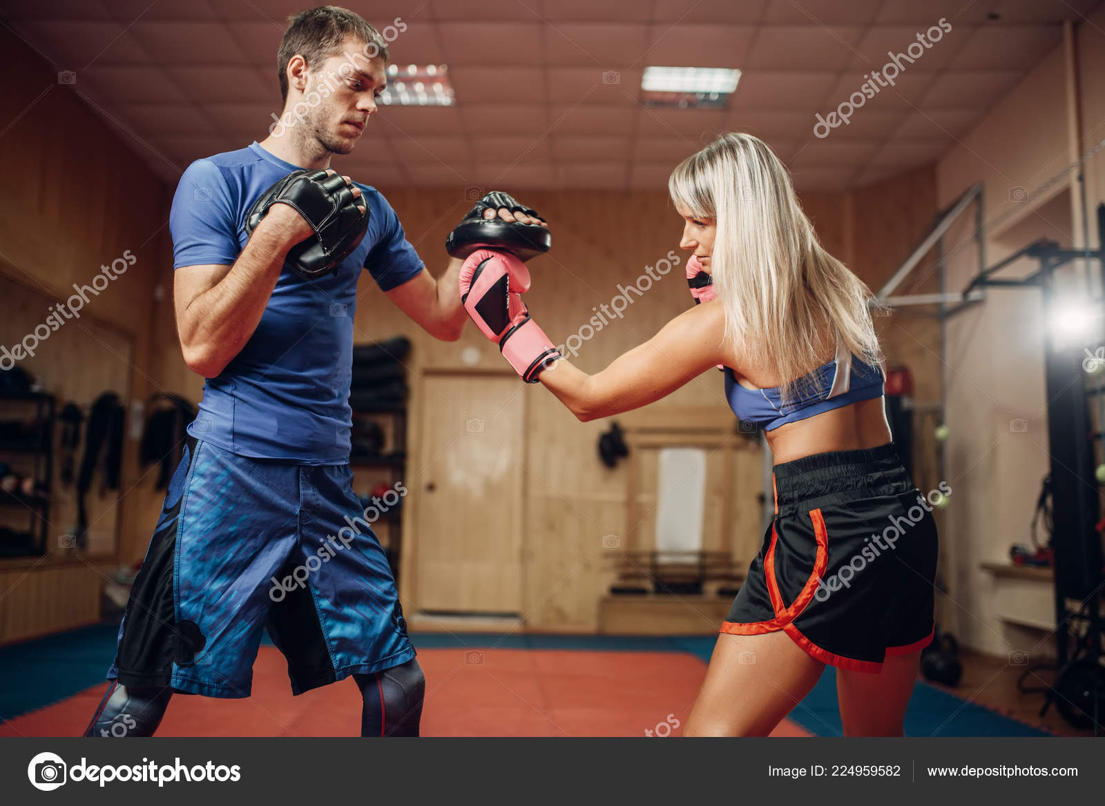 Female Kickboxer Gloves Practicing Hand Punch Male Personal Trainer ...