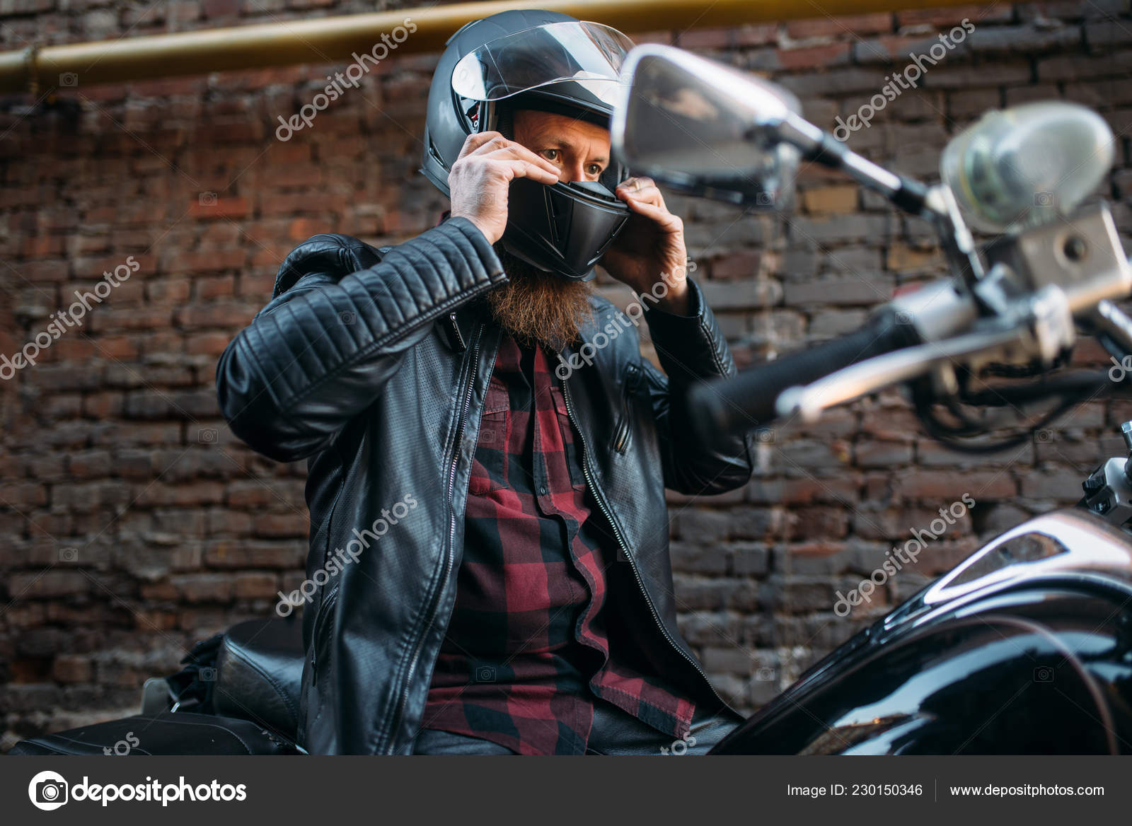 Biker Puts Helmet Riding Classical Chopper Vintage Bike Rider ...