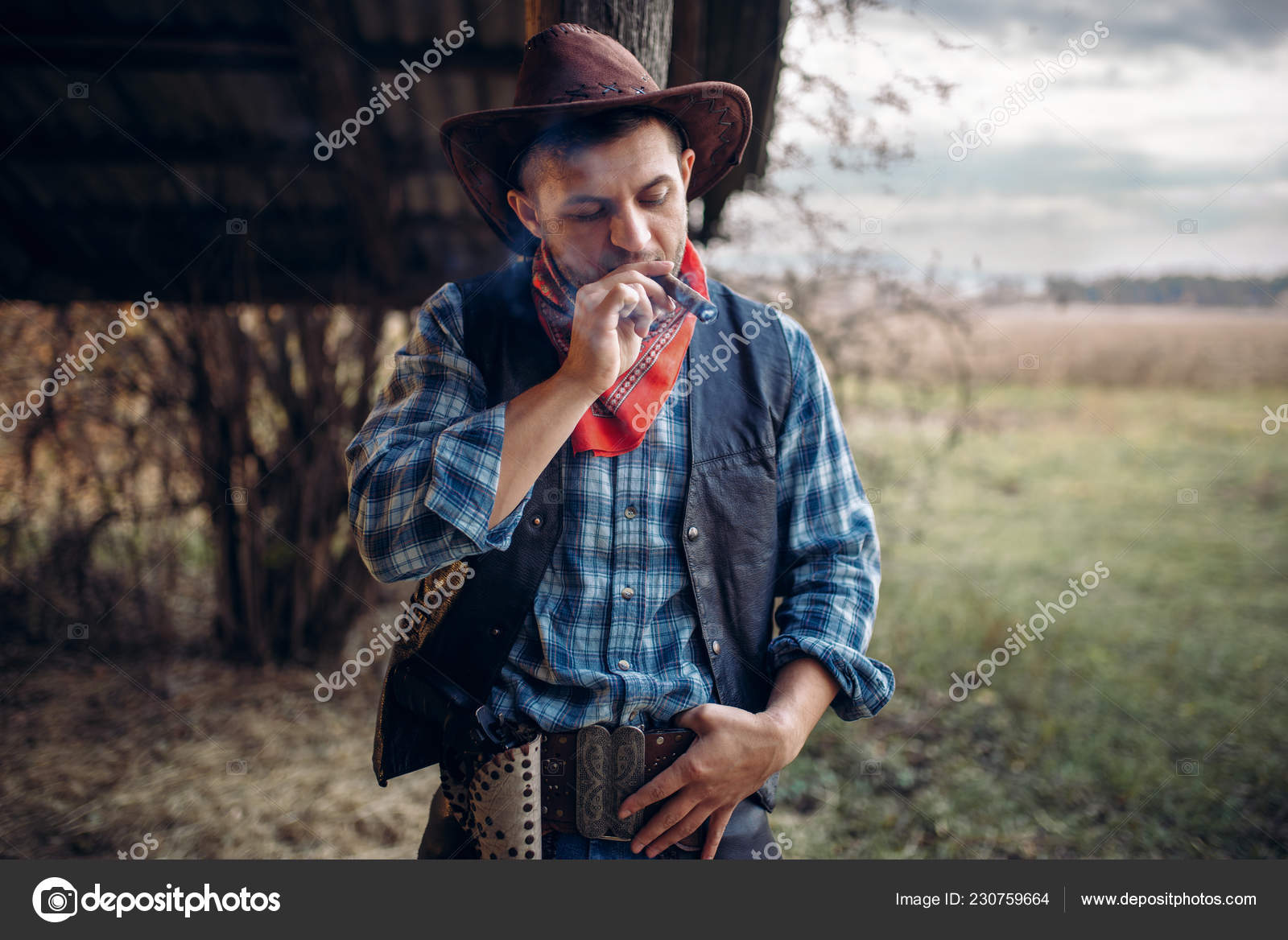 Brutal Cowboy Smokes Cigar Texas Ranch Background Western Vintage Male ...